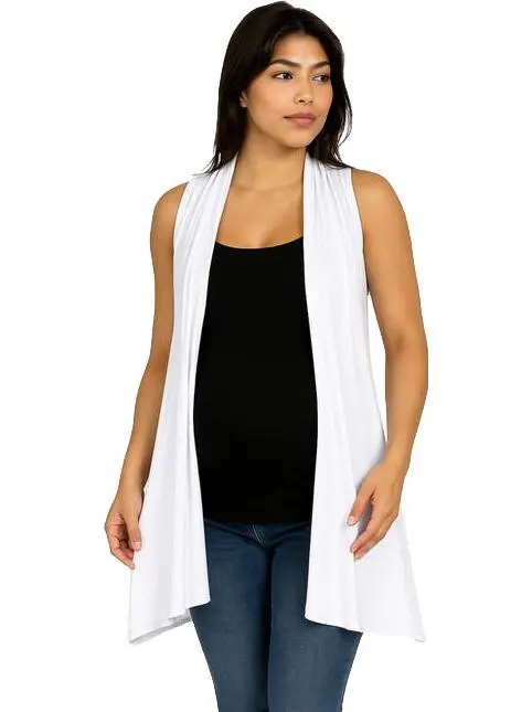 24SEVEN COMFORT APPAREL Maternity Draped Open Front Sleeveless Cardigan - White