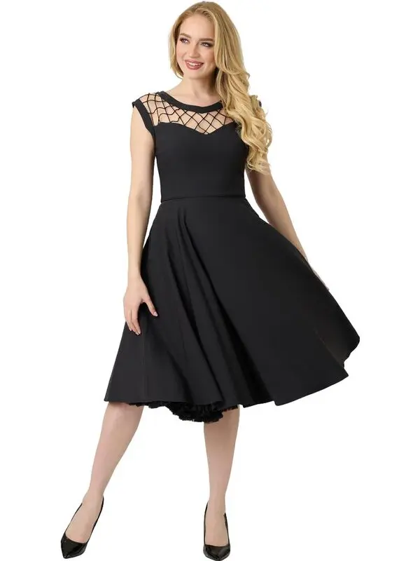 Unique Vintage Diamond Cutout Swing Dress - Black
