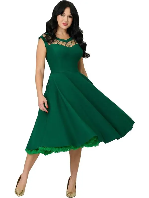 Unique Vintage Diamond Cutout Swing Dress - Green