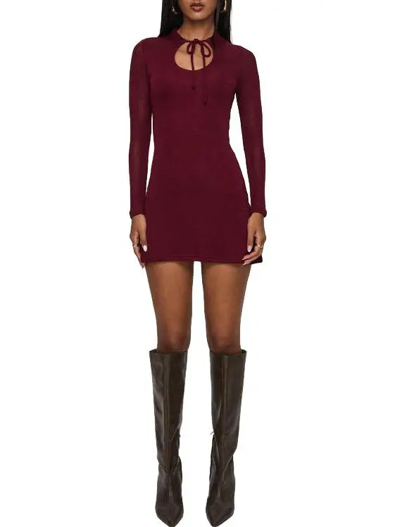 Princess Polly Ribbed Body-con Mini Dress With Long Sleeves - Wine