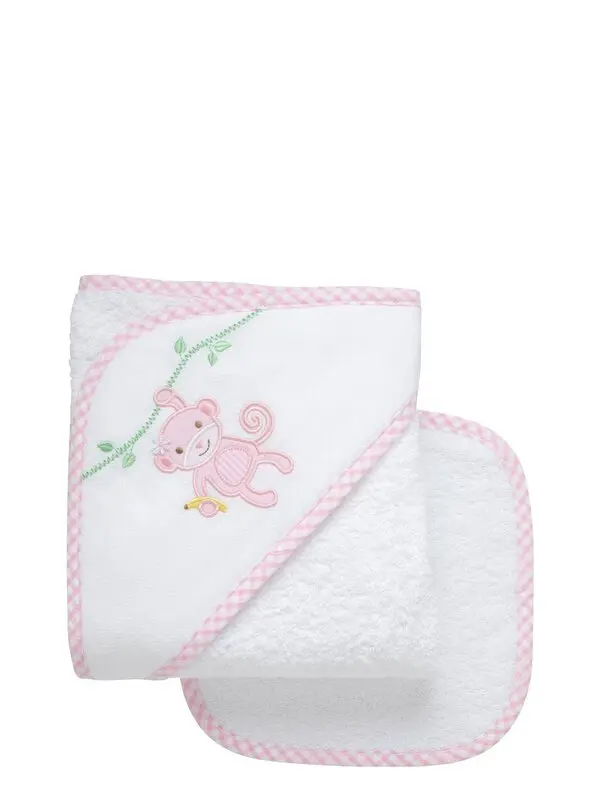 3 MARTHAS Hooded Towel & Washcloth Set - Pink Monkey