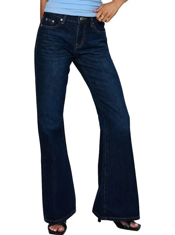 Princess Polly Rearview Low Rise Flare Leg Jeans - Dark Blue