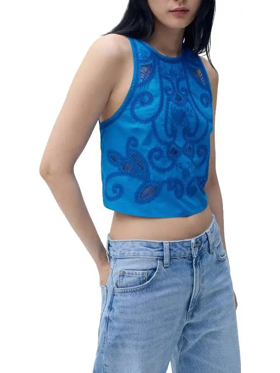 Mango Embroidered Sleeveless Cotton Top - Blue
