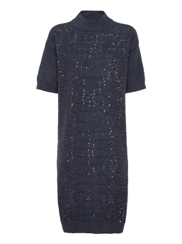 Brunello Cucinelli Sequined Mohair, Virgin Wool, And Cashmere Dress - Navy Blue