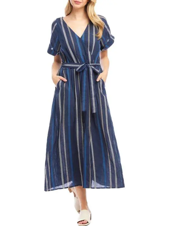 Karen Kane Mixed Embroidered Stripe Cotton Dress - Blue Multi