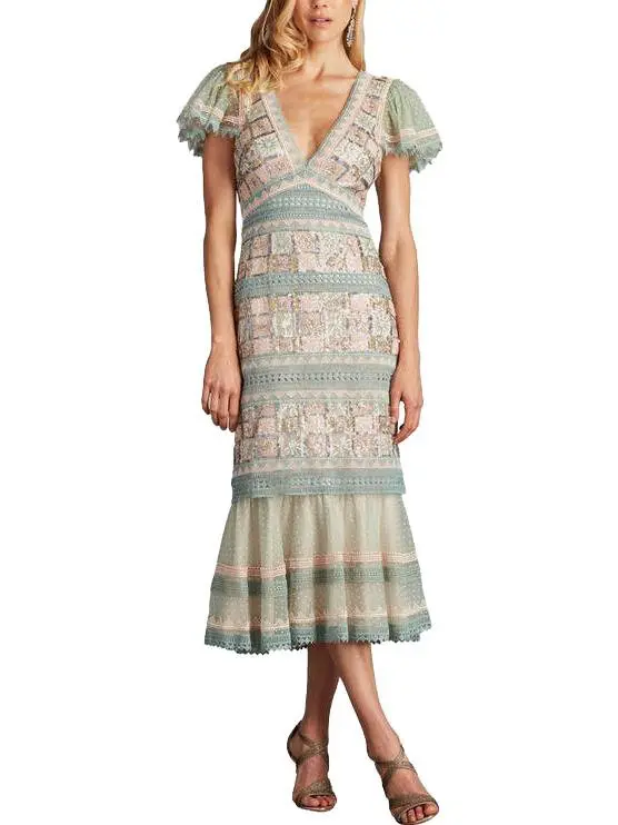 Tadashi Shoji Sequin & Lace Detail Cocktail Midi Dress - Sage/adobe Blush Multi