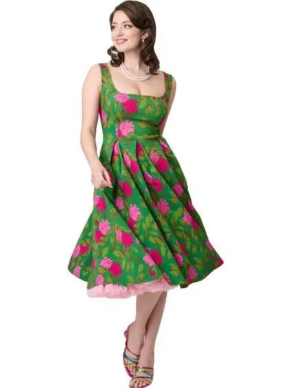 Unique Vintage Square Neck Pleated Swing Dress - Green W/pink Floral