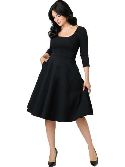 Unique Vintage Square Neck Pleated Swing Dress - Onyx