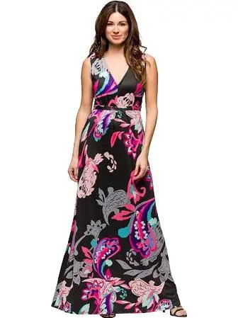 24SEVEN COMFORT APPAREL Maternity V-neck Sleeveless Maxi Dress - Black Multi