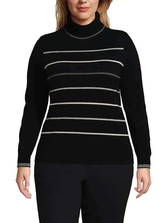 LANDS' END Cashmere Turtleneck Sweater - Black Heritage Stripe
