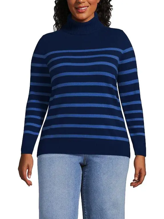 LANDS' END Cashmere Turtleneck Sweater - Navy/cobalt Placed Stripe