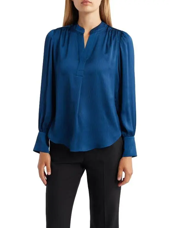 Anne Klein Textured Crepe Long Sleeve Top - Baltic Teal