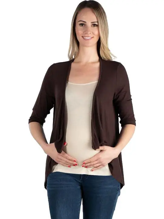 24SEVEN COMFORT APPAREL Maternity Elbow Length Sleeve Open Cardigan - Brown