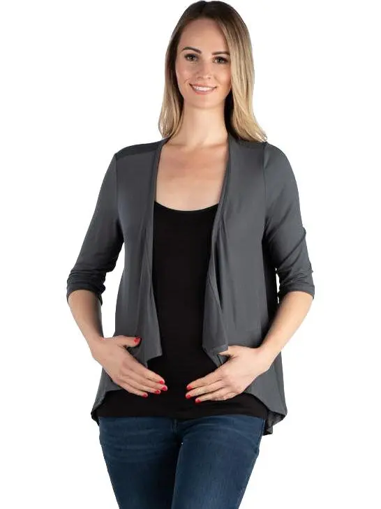 24SEVEN COMFORT APPAREL Maternity Elbow Length Sleeve Open Cardigan - Charcoal