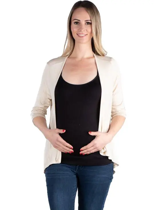 24SEVEN COMFORT APPAREL Maternity Elbow Length Sleeve Open Cardigan - Nude