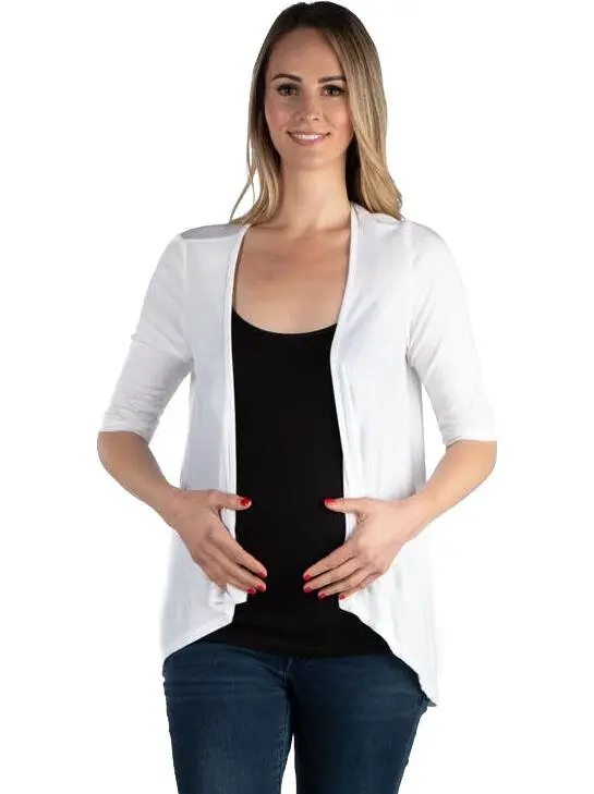 24SEVEN COMFORT APPAREL Maternity Elbow Length Sleeve Open Cardigan - White