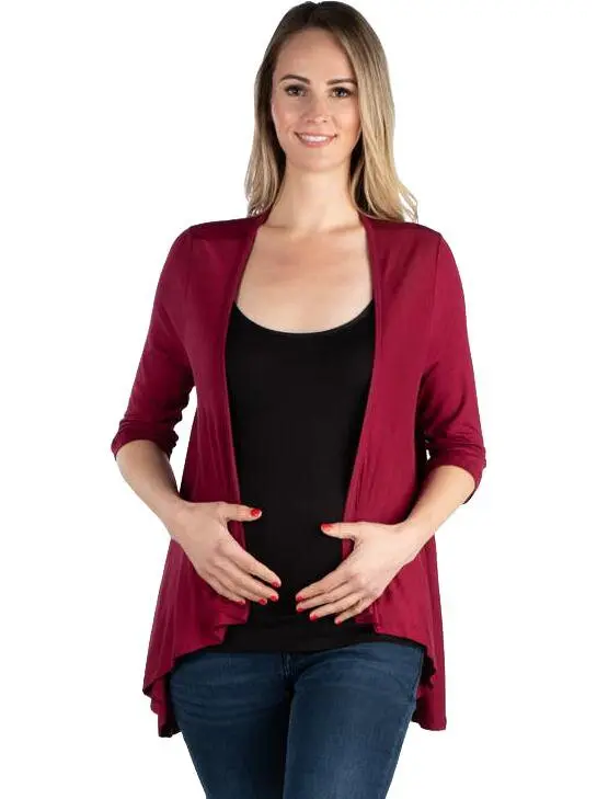 24SEVEN COMFORT APPAREL Maternity Elbow Length Sleeve Open Cardigan - Wine