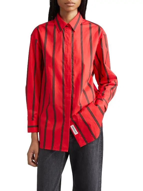 Marimekko Ruoste Puhveli Striped Cotton Shirt - Red, Dark Brown