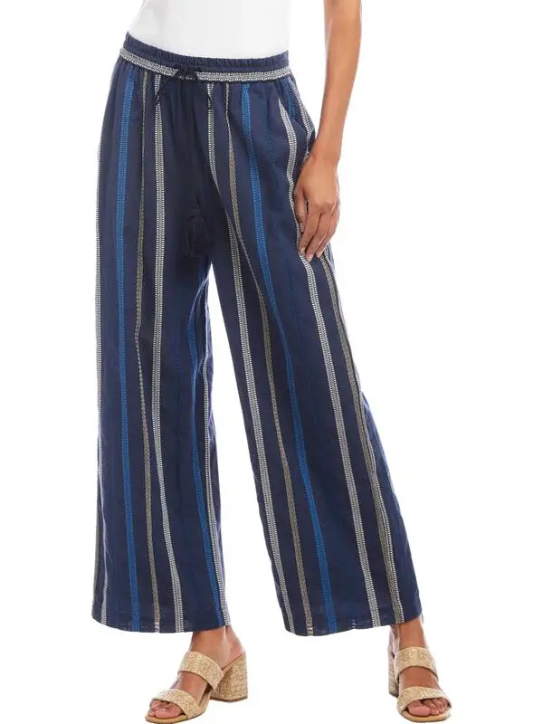 Karen Kane Stripe Embroidered Wide Leg Cotton Pants - Blue Multi