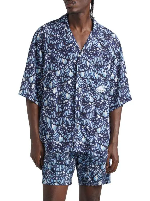 Alexander McQueen Feather Print Boxy Camp Shirt - Blue