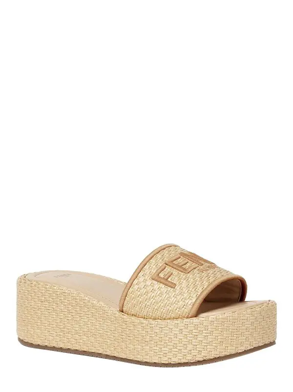 Fendi Sunshine Platform Wedge Slide Sandal - Natural Rafia