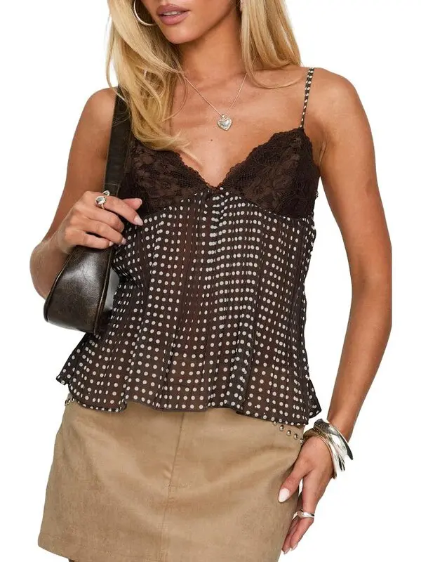 Princess Polly Pleated Polka Dot Camisole With Lace Trim - Brown Polka