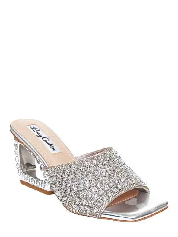 LADY COUTURE Rhinestone Jewel Heel Slides - Silver