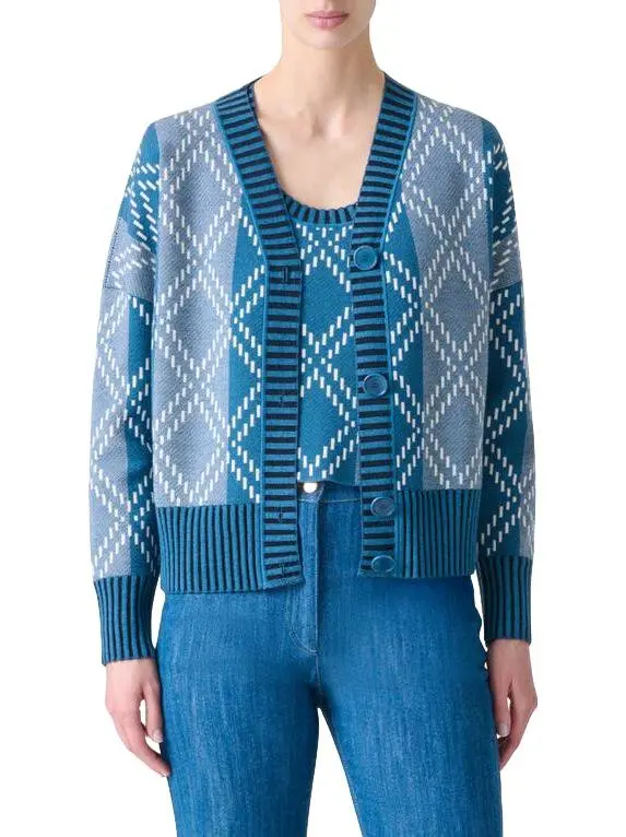 Akris Diamond Jacquard Virgin Wool Cardigan - Medium Blue-multicolor