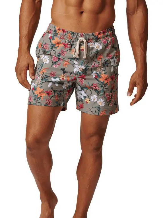 LEISURE LAB Floral Print Relaxed Fit Swim Trunks - Dune
