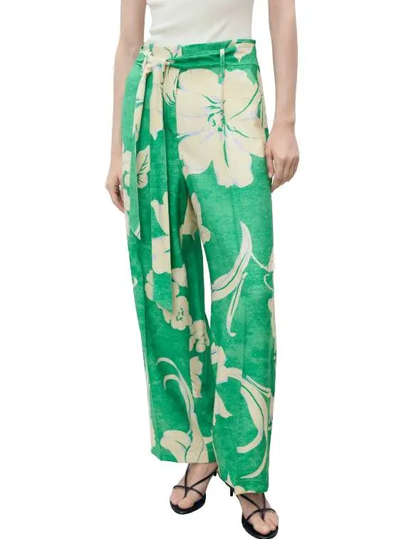 Mango Floral Wide Leg Trousers - Green