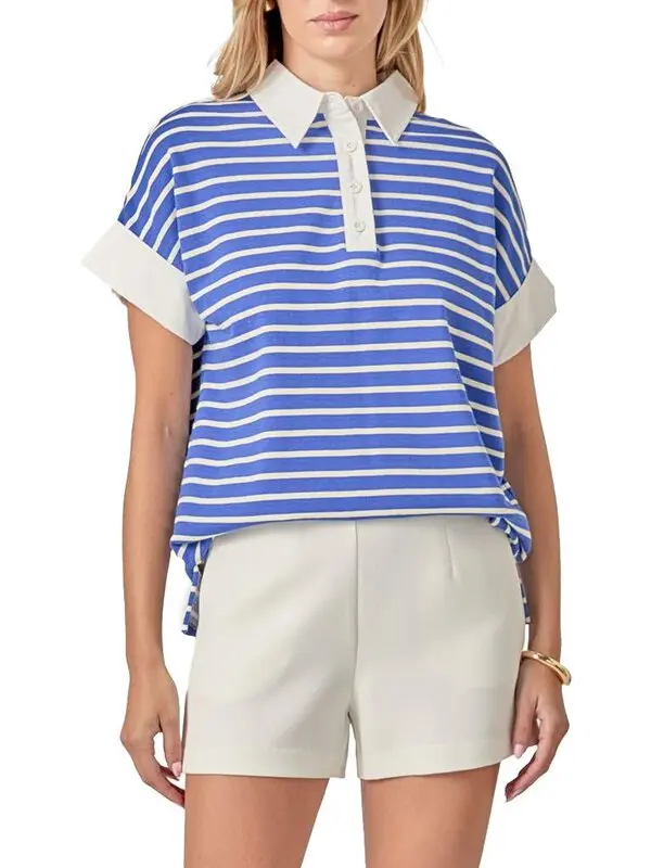 English Factory Stripe Polo Top - Blue/white