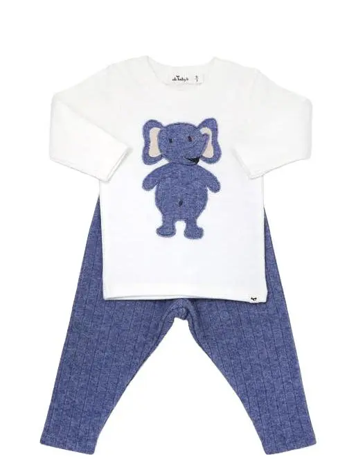 OH BABY! Ragdoll Elephant Long Sleeve Tee Two-piece Set - Blue Heather