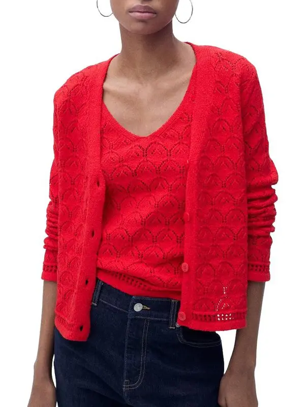 Mango Pointelle Stitch Cotton Blend Cardigan - Red