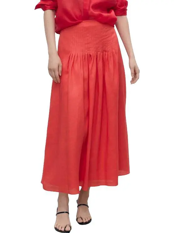 Mango Pleated Ramie Midi Skirt - Red