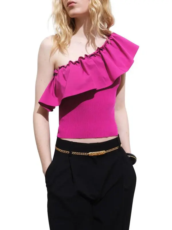 Mango One-shoulder Ruffle Crop Top - Fuchsia