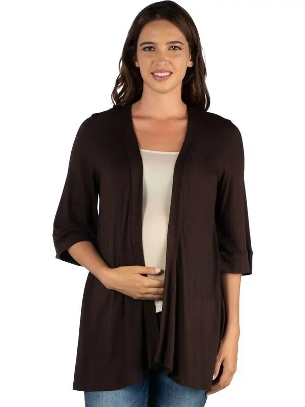 24SEVEN COMFORT APPAREL Maternity Open Front Elbow Length Sleeve Cardigan - Brown