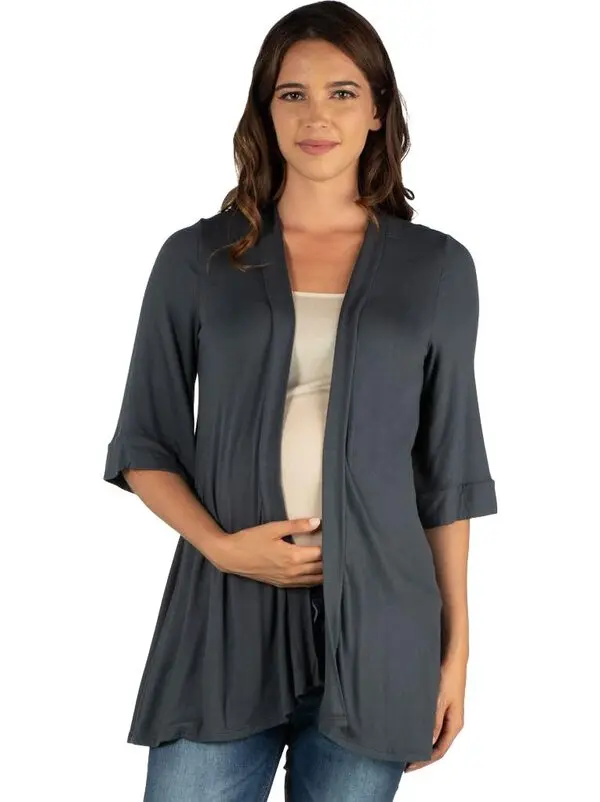 24SEVEN COMFORT APPAREL Maternity Open Front Elbow Length Sleeve Cardigan - Charcoal