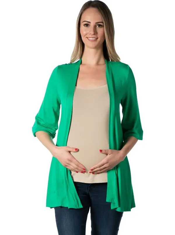 24SEVEN COMFORT APPAREL Maternity Open Front Elbow Length Sleeve Cardigan - Grass