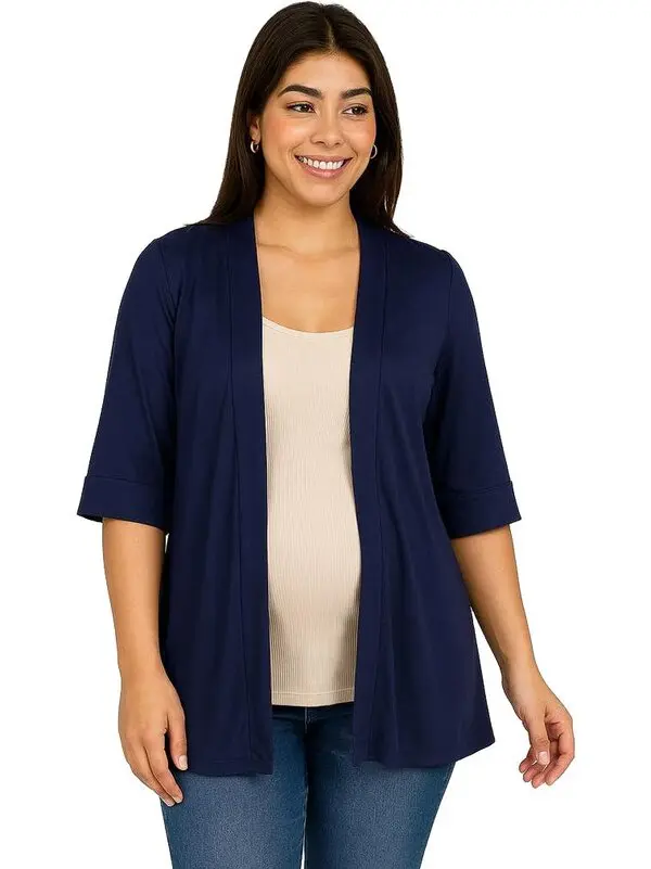 24SEVEN COMFORT APPAREL Maternity Open Front Elbow Length Sleeve Cardigan - Navy