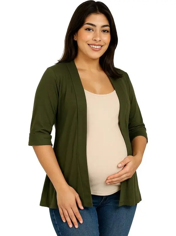 24SEVEN COMFORT APPAREL Maternity Open Front Elbow Length Sleeve Cardigan - Olive