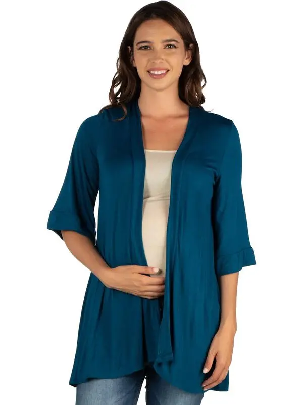 24SEVEN COMFORT APPAREL Maternity Open Front Elbow Length Sleeve Cardigan - Teal