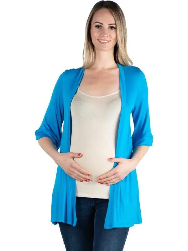 24SEVEN COMFORT APPAREL Maternity Open Front Elbow Length Sleeve Cardigan - Turq
