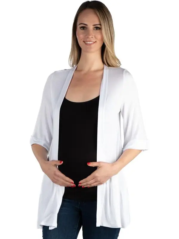 24SEVEN COMFORT APPAREL Maternity Open Front Elbow Length Sleeve Cardigan - White