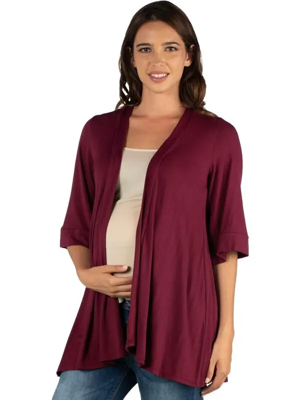 24SEVEN COMFORT APPAREL Maternity Open Front Elbow Length Sleeve Cardigan - Wine