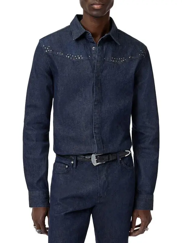 John Varvatos Studded Western Denim Snap-up Shirt - Lake Blue