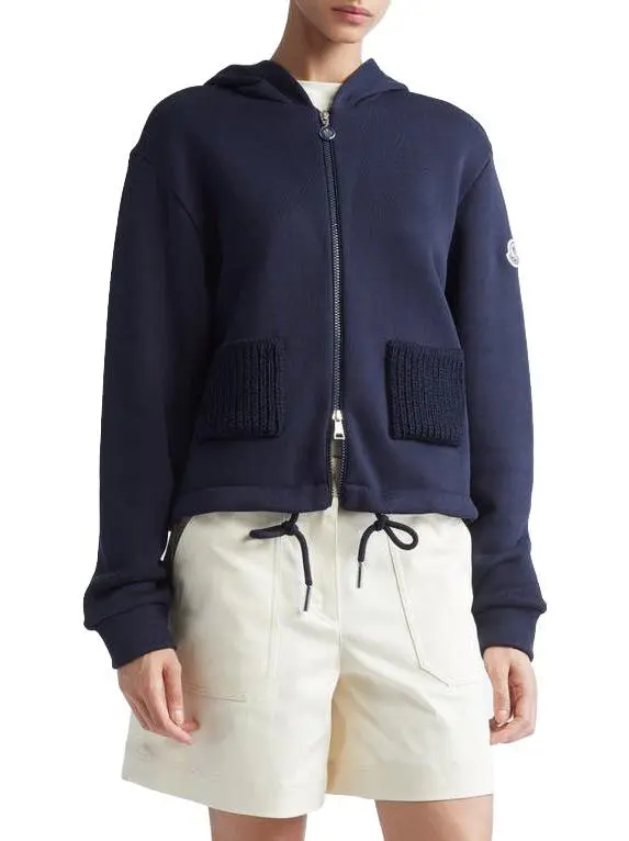 Moncler Knit Accent Cotton-blend Zip Hoodie - Dark Navy Blue