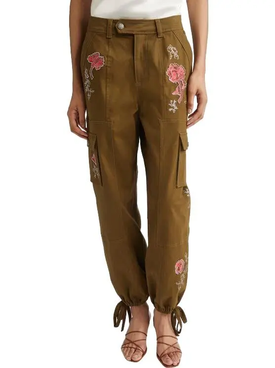 Cinq À Sept Desert Rose Zola Embroidered Cargo Pants - Dark Olive/multi