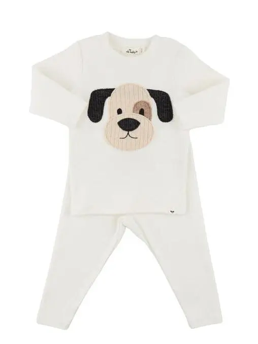 OH BABY! Puppy Face Applique Long Sleeve Two Piece Set - Cream