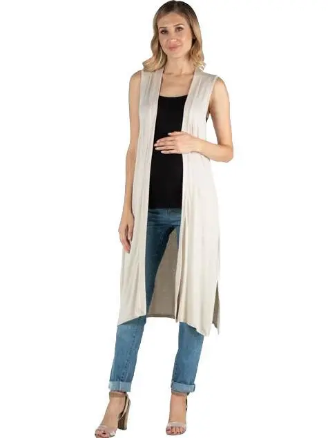 24SEVEN COMFORT APPAREL Maternity Sleeveless Long Cardigan With Slit - Oatmeal