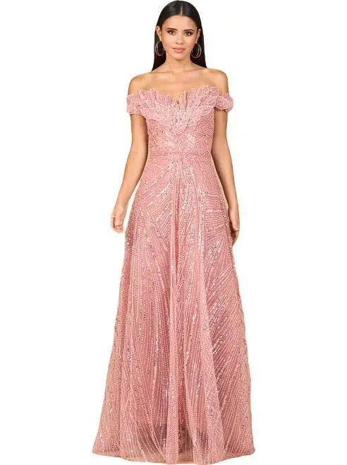LARA NEW YORK Off Shoulder Beaded Ballgown - Dusty Rose
